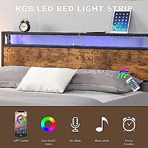 CNANXU Modern Industrial Queen Bed Frame with LED Lights and 2 USB Ports, Queen Size Platform Bed Frame with Wood Storage Headboard, Noise Free, No Box Spring Needed, Rustic Brown (Queen)