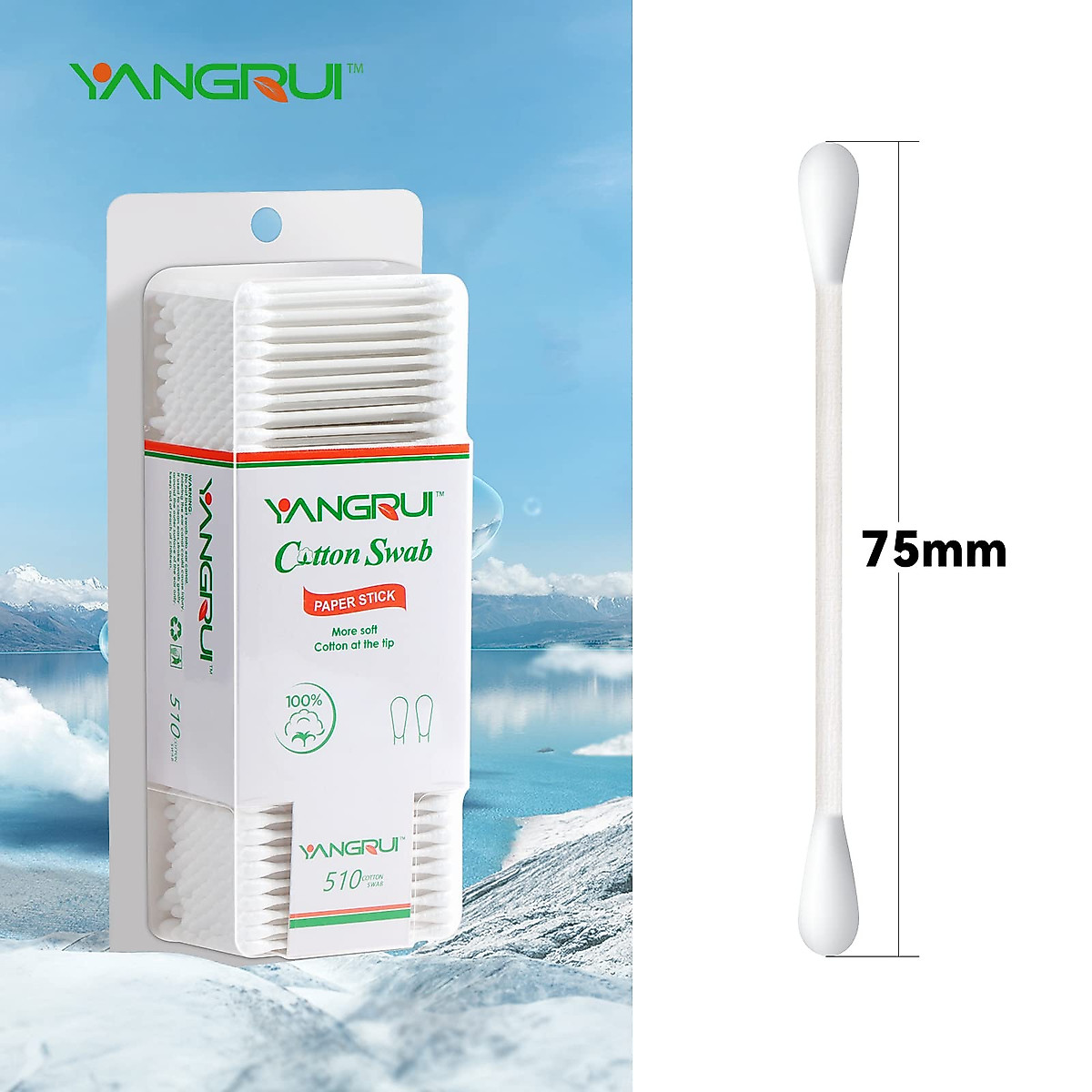 YANGRUI Cotton Swab, 510 Count Bamboo Stick BPA Free Naturally Pure Double Round Ear Swabs White Cotton Buds (Pack of 1)