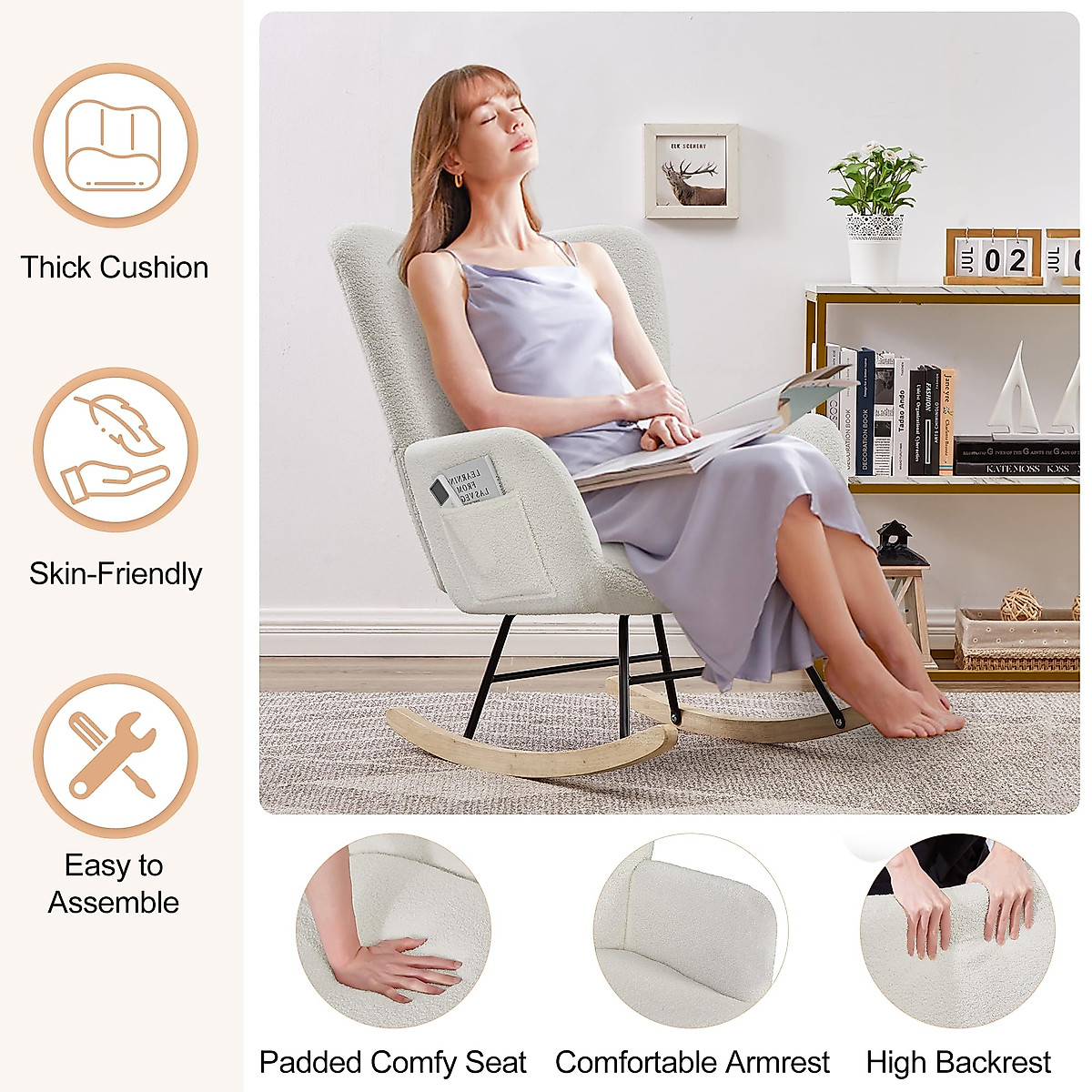 VECELO Rocking Chair, Modern Nursery Upholstered Glider Rocker Padded Seat with High Backrest Armchair with Pocket for Living Room, Bedroom, Offices, Balcony, White