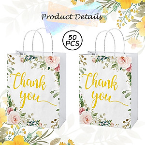 50 Pcs Thank You Gift Bags Floral Design, 8.66x7x3.14" Thank You Kraft Paper Bags with Handle for Wedding, Birthday, Business, Shopping, Baby Showers, Party Favor, Memorial Day, Graduation, Party