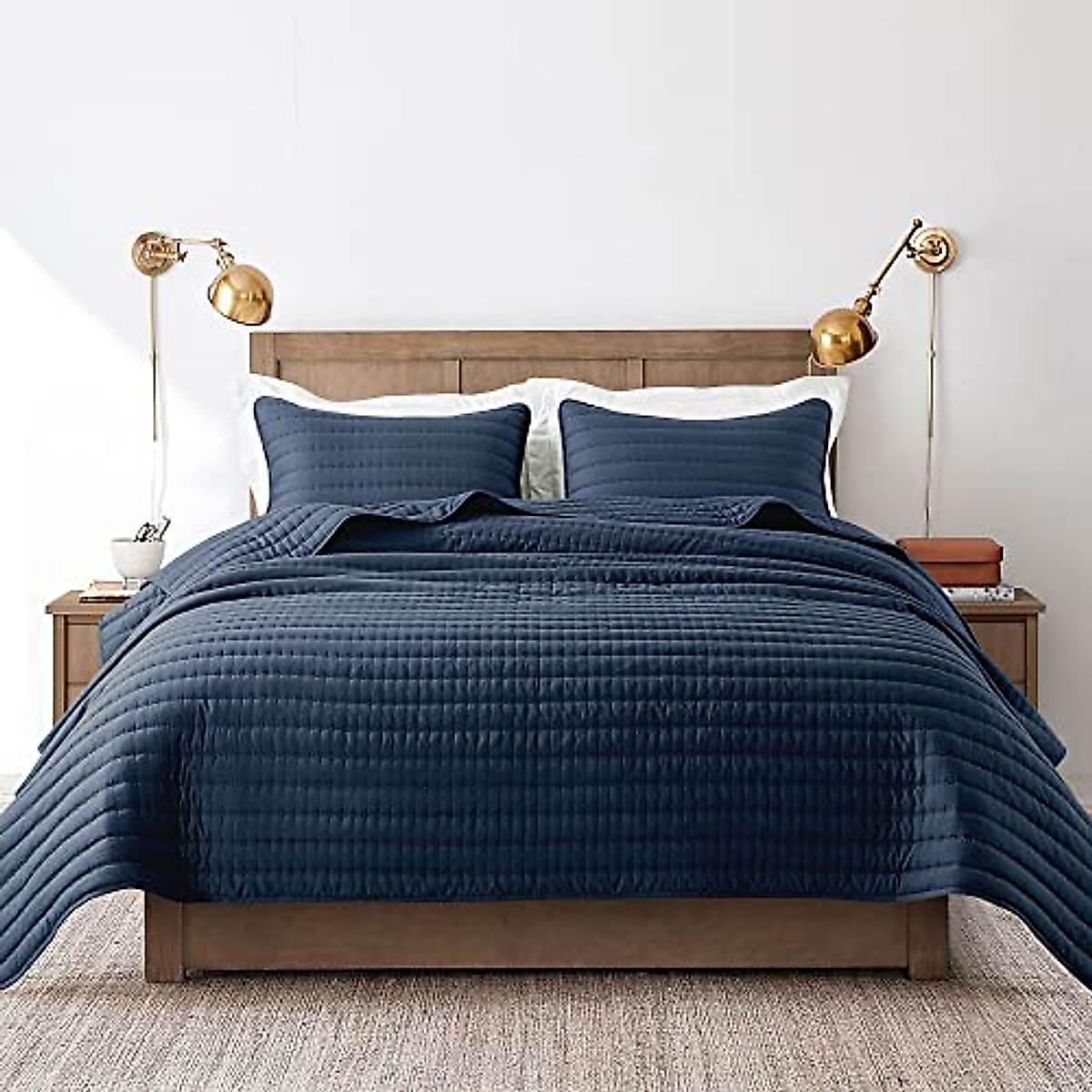Navy Blue Queen Size Quilt Bedding Sets with Pillow Shams, Mustard Full Lightweight Soft Bedspread Coverlet, Quilted Blanket Thin Comforter Bed Cover for All Season, 3 Pieces, 90x90 inches