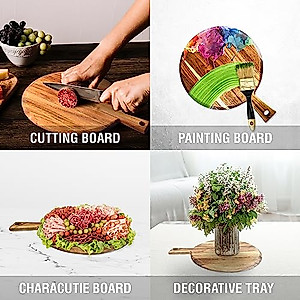 Vees Goods Acacia Wood Cutting Board with Handle - Kitchen Round Cutting Board Set includes Glove and Towel - Great Use for Pizza, Charcuterie, Chopping Board - Size (15.9” x 12.2”)