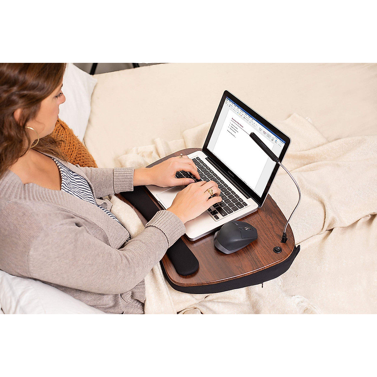 Sofia Sam Oversized Wood Top Memory Foam Lap Desk with Detachable USB Light and Tablet Slot (Black) Supports Laptops Up To 20 Inches
