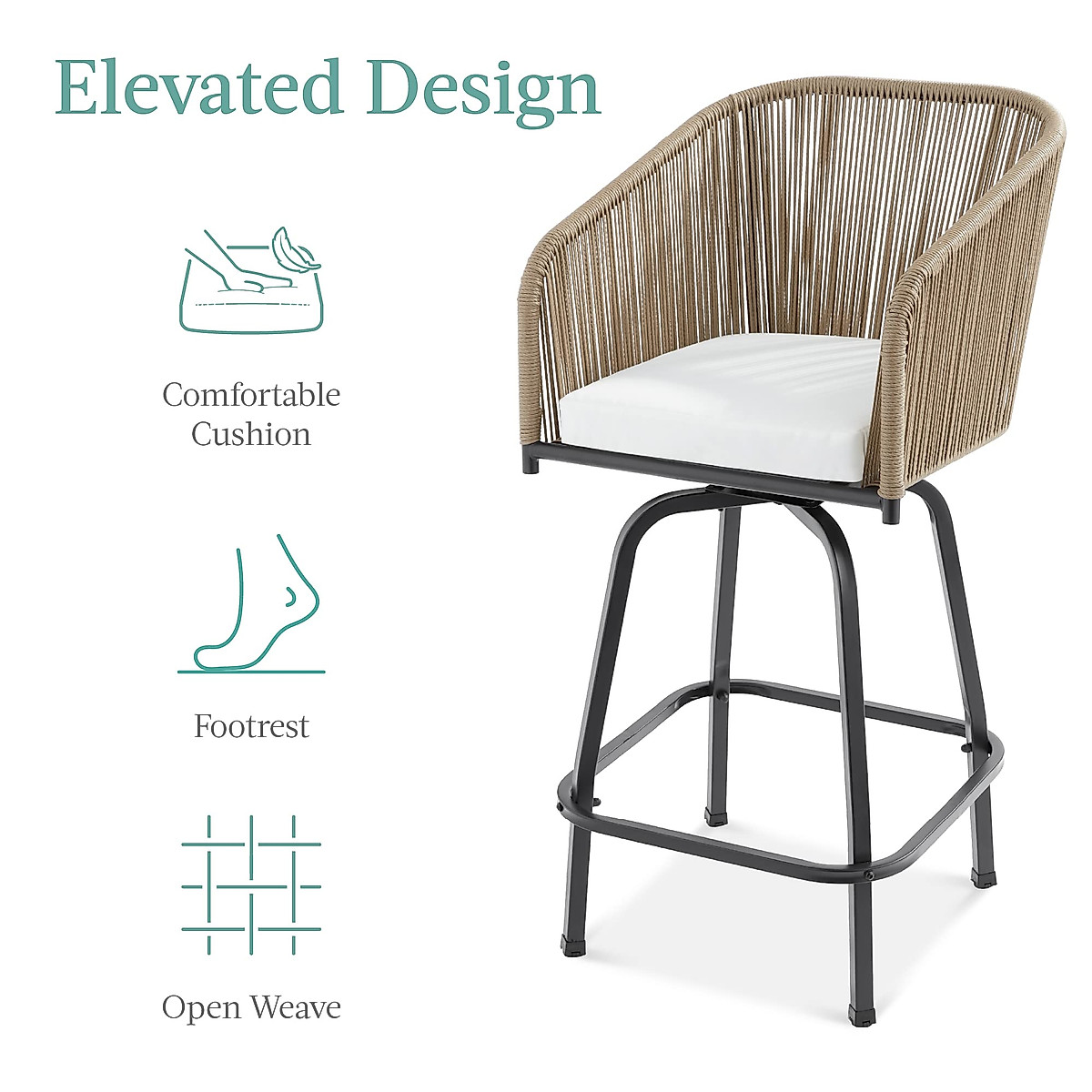 Best Choice Products Set of 2 Woven Wicker Swivel Bar Stools, Patio Bar Height Chair for Backyard, Pool, Garden, Deck w/ 360 Rotation, 250lb Capacity - Natural/Ivory