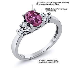 Gem Stone King 925 Sterling Silver Pink Tourmaline and White Topaz Engagement Ring For Women (0.74 Cttw, Gemstone Birthstone, Available In Size 5, 6, 7, 8, 9)