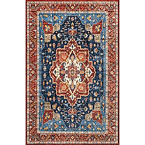 nuLOOM Hera Medallion Stain-Resistant Machine Washable Area Rug, 5x8, Blue