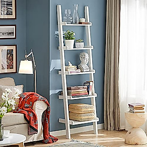 Haotian FRG17-W, White Modern 5 Tiers Ladder Shelf Bookcase, Storage Display Shelving Wall Shelf
