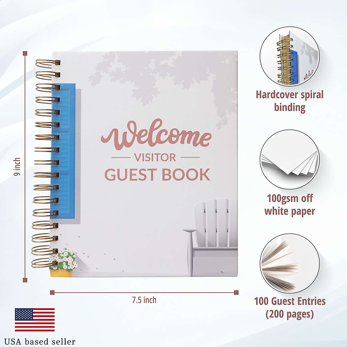 Paper 'n Such Guest Book for Vacation Home Visitors - Guestbook for Short Term Rentals, Vacation Rental, Beach House, Hosts Essentials, Spiral Hardcover Welcome Log - 200 Pages (White/Blue)