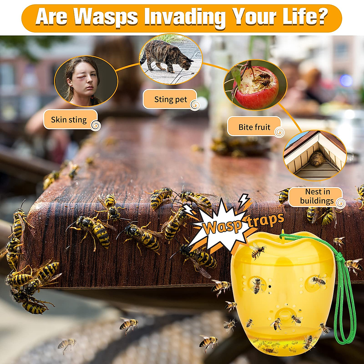 Protecker Wasp Trap, Yellow Jacket Hanging, Repellent Carpenter Bee Traps for Outside, Killer Deterrent Insect Fly Catcher, Non-Toxic Reusable Hornet (2 Pack)