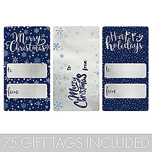 Blue and Silver Foil Christmas Snowflake Holiday Peel and Stick Gift Tag Labels - 75 Stickers