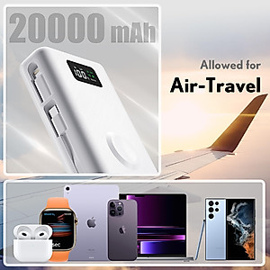 pzoz 20000mAh Portable Power Bank Powerbank Battery Pack with Apple Watch Magnetic Wireless Charger,USB Type C PD Fast Charging in Cable Travel High Capacity Compatible iWatch iPhone 15 Phone (White)