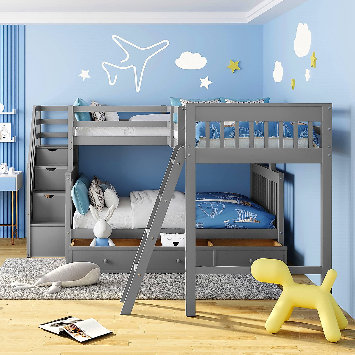 Harper & Bright Designs L Shaped Bunk Bed with Stairs and Storage, Twin Over Full Size Triple Bunk Bed for 3, Wood Corner Beds for Kids, Teens, Adults. No Box Spring Needed (Gray)