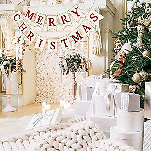 Whaline Christmas Burlap Banner Felt Merry Christmas Banner Pre-Assembled White Red Xmas Bunting Garland Celebration Hanging Decorations for Christmas Party Supplies Home Decoration