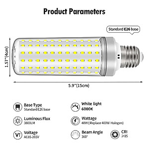 E26 LED Bulbs, 40W LED Light Bulbs Equivalent 400W, 6000K Daylight White, Not Dimmable, AC 85-265V, E26 Light Bulbs (4 Pack)
