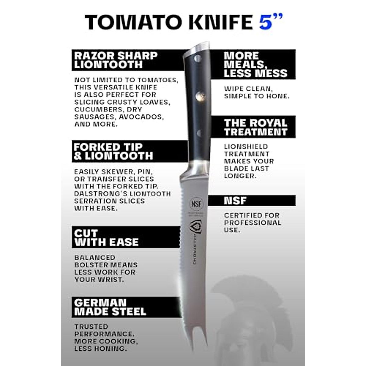 Dalstrong Tomato Slicing Knife - Gladiator Series Elite - 5" - Serrated Utility - German High Carbon Steel - Black Handle - Sheath Included - NSF Certified