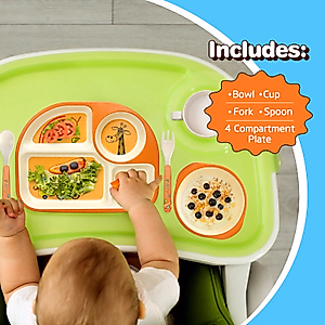 RayPard 5 Pcs Bamboo Kid Plates and Bowls Sets, Unbreakable Plastic Toddler Dinnerware Set Include Divided Plate, Bowl, Cup, Spoon, Fork, Children Durable Cartoon Tableware (Orange Elephant)