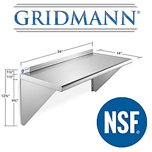 GRIDMANN 14" x 24" Stainless Steel Wall Mount Shelf with Backsplash, Commercial Grade - NSF Certified 18 Gauge Shelving for Restaurant, Kitchen, Utility Room, Garage