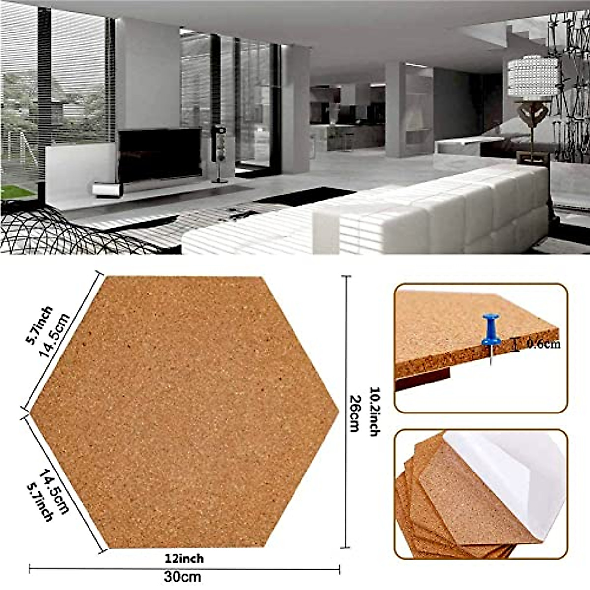 Self-Adhesive Cork Board Cork Tiles 8 Pcs Wall Bulletin Board 12" x10.2" Hexagon Cork Tile, Not Hurt Wall, Natural Message Pin CorkBoard for School/Home/Class/Kitchen & Office Decor Photo Display Memo