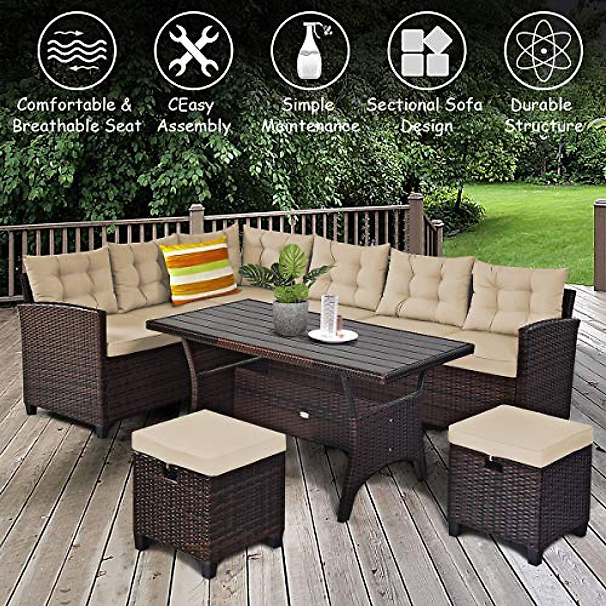 Tangkula 5 PCS Patio Furniture Set, Outdoor Conversation Set with 6 Cushioned Seat 2 Ottomans & Coffee Table, All Weather Wicker Dining Table Set with Ottoman, Rattan Sectional Couch Sofa Set