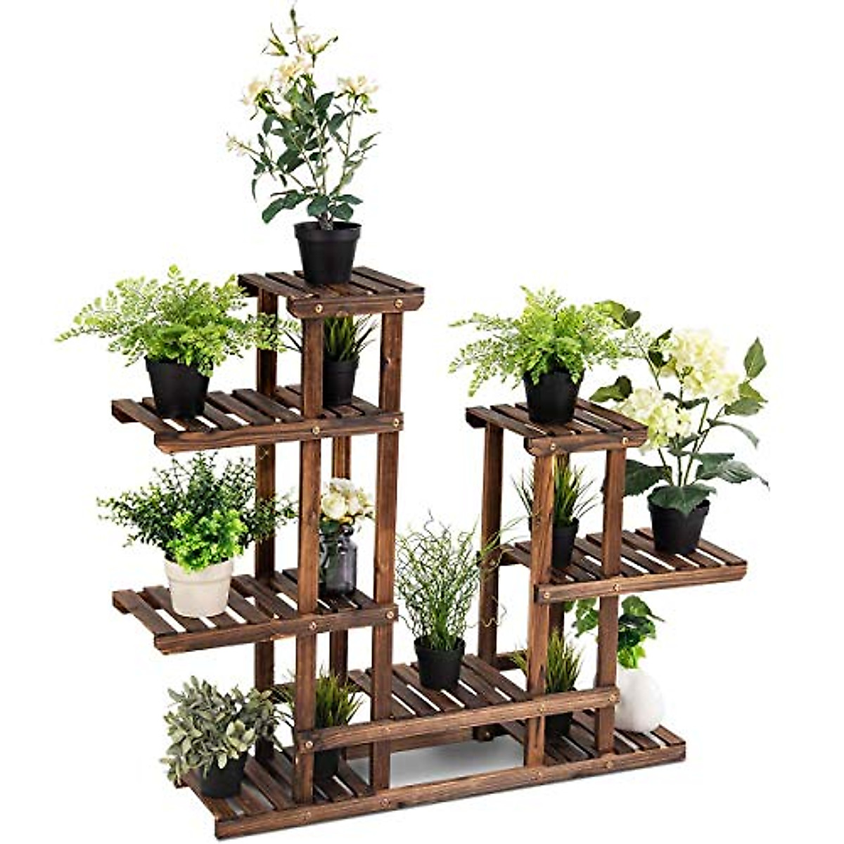 Giantex Flower Rack Wood Plant Stand 7 Wood Shelves 13 Pots Bonsai Display Shelf Indoor Outdoor Yard Garden Patio Balcony Living Room Multifunctional Storage Rack Bookshelf W/Hollow-Out Rack