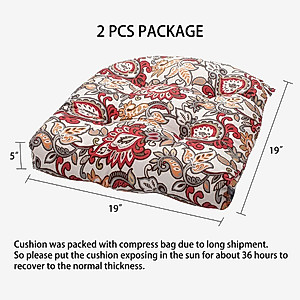 Magpie Fabrics Outdoor/Indoor Tufted Seat Cushion with Ties Set of 2, 19"x19" Waterproof Patio Chair Pads Tatami Floor Pillow for Room Garden Balcony Office Decor(Botanical Red)