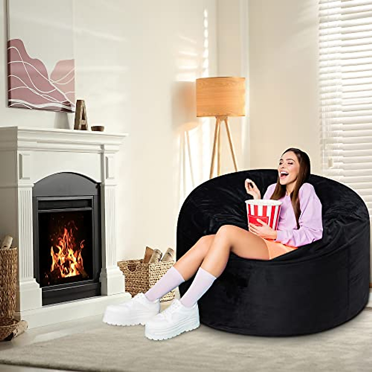 SIMFLAG 4Ft Bean Bag Chair, Memory Foam Filling Bean Bag Chairs with Velvet Cover, Removable and Machine Washable Cover, Giant Bean Bag Chair for Adult - Black