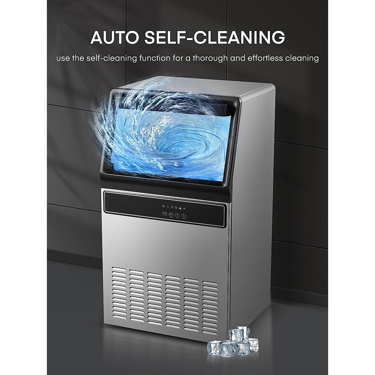 Commercial Ice Maker Machine 100lbs per 24H, All-Around Stainless Steel Under Counter Ice Machine with 33lbs Ice Storage Capacity, Freestanding Ice Maker FOHERE, Black