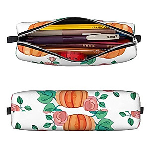 allgobee Pu Leather Pencil Bag Pen Case Pumpkins-Roses-Watercolor Students Stationery Pouch Pencil Holder Desk Organizer