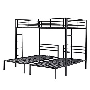 Bellemave Triple Bunk Beds Full Over Two Twin Bed Metal L-Shape3 Frame with Storage Shelf for Three Kids Boys Girls, Black