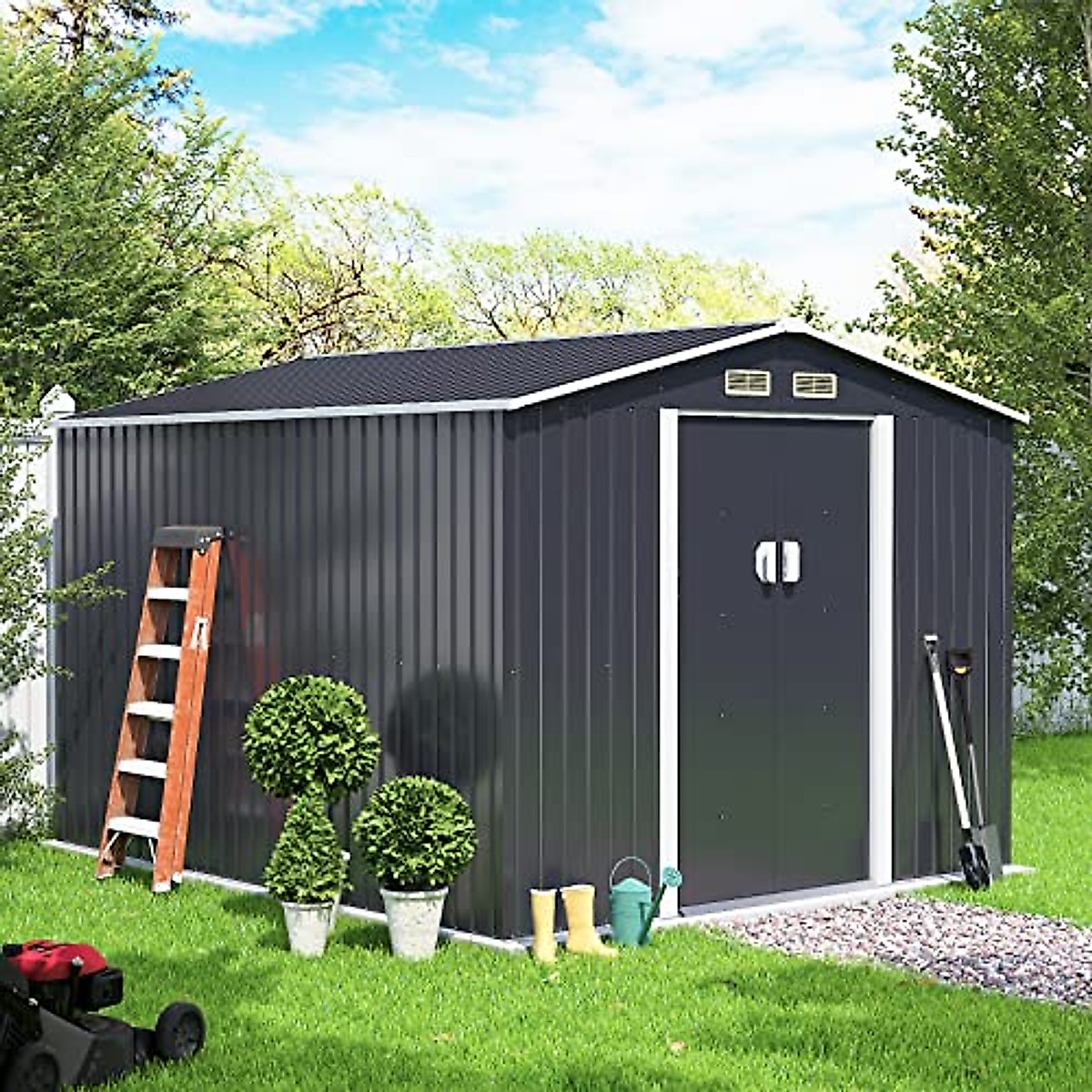 HOGYME 10.5' x 9.1' Storage Outdoor Shed, Large Sheds & Outdoor Storage Clearance Suitable for Tool Bike Lawn Mower Ladder, Metal Garden Shed w/ Lockable/Sliding Door, Gray