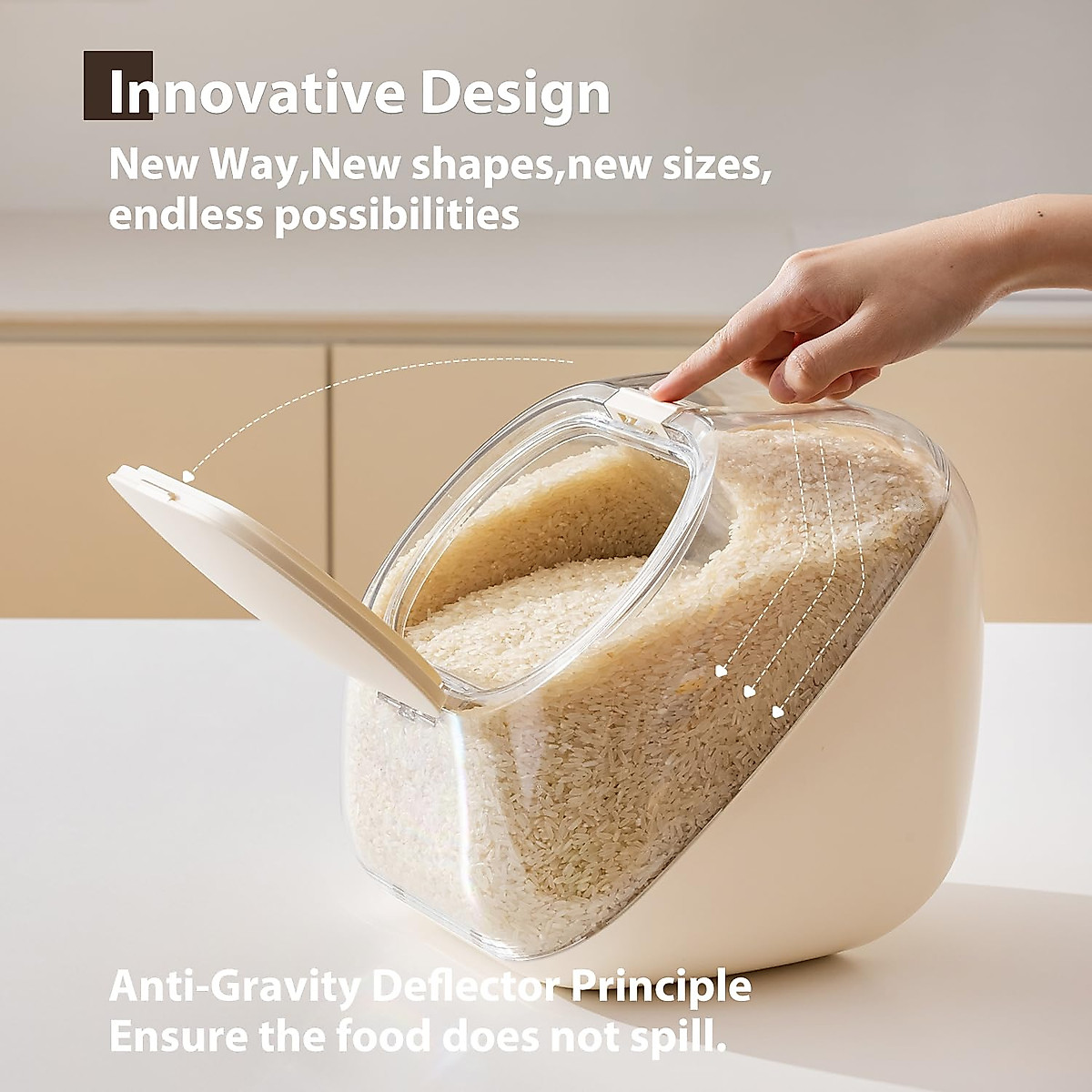 LivLab Mker Rice Container With Lid 10 Lbs Cereal Containers Storage with Lids Airtight, Pet Food Container, BPA Free, For Pet Food Kitchen Pantry Organization, Cream Color