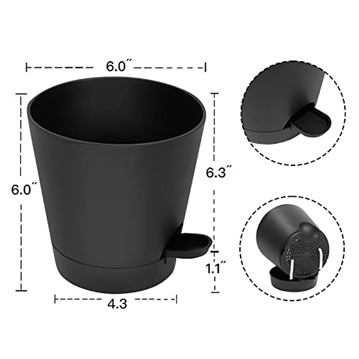 6 Inch Self Watering Plastic Planters, Warmplus Plant Pots for Indoor Outdoor with Drainage Holes, Watering Wick, Watering Lip for Snake Plant, African Violet, Aloe, and Most House Plants 6-Pack Black