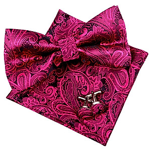 Alizeal Mens Retro Paisley Pre-tied Bow Tie, Pocket Square and Cufflinks, Black+ Hot Pink