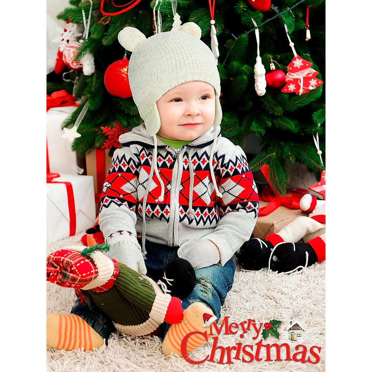 SATINIOR 2 Sets Baby Winter Beanie Hat Gloves Cute Bear Earflap Caps (White, Pink)