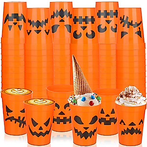 Sliner 60 Pieces Halloween Jack O Lantern Cups 12 oz Plastic Scary Printed Pumpkin Design Cup Reusable Orange Cute Halloween Party Supplies for Liquor Juice Hot Cold Drinks Coffee Kitchen Adult Kids