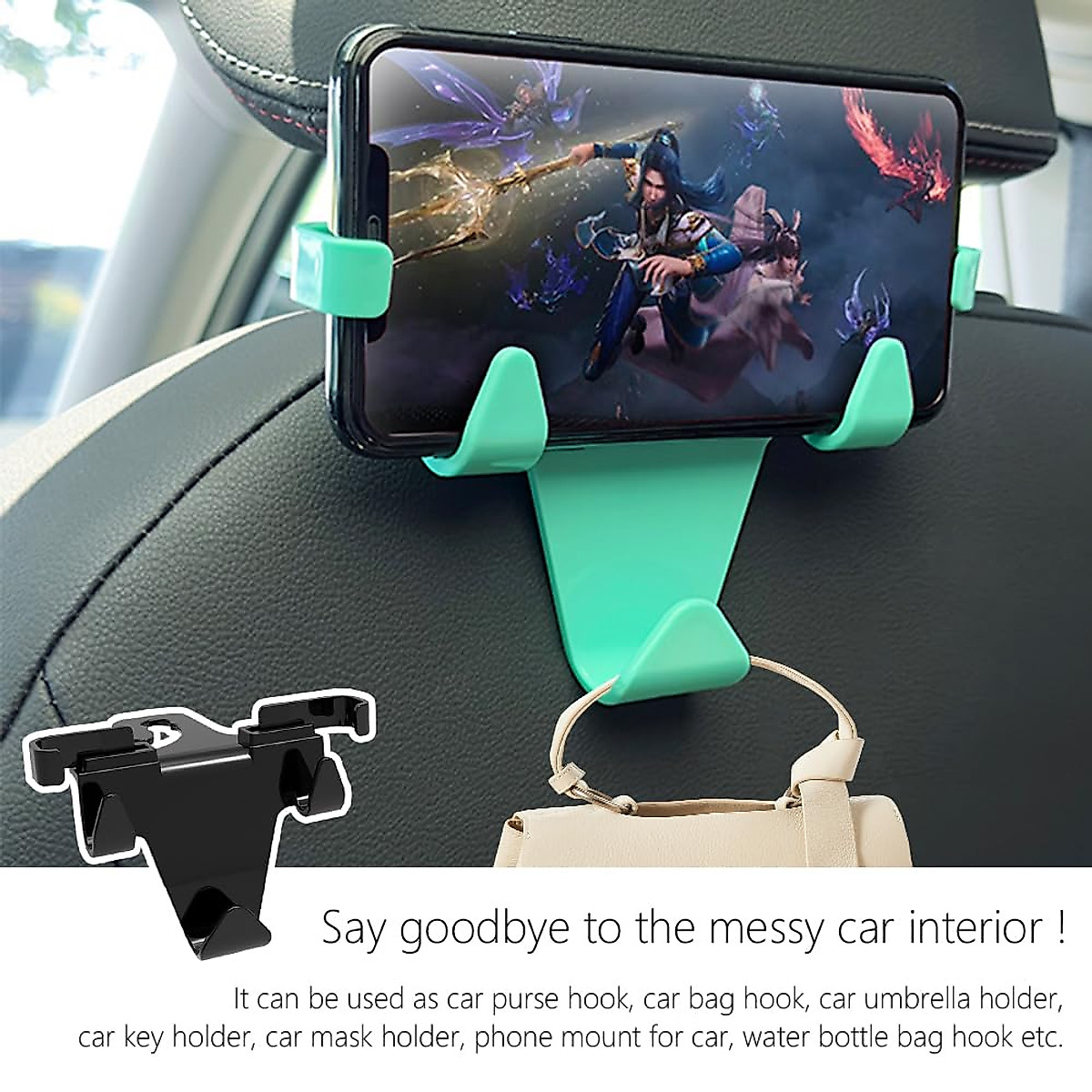 2PCS Headrest Hooks for Car,2-In-1 Multipurpose Car Hooks with 3 Car Purse Hook & Adjustable Phone Mount for Car,Universal Car Seat Hooks(Black)