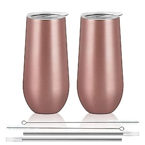 Lifecapido 2 Pack Insulated Champagne Tumblers, 12oz Stemless Champagne Flutes, Stainless Steel Champagne Flute Tumblers, Insulated Champagne Glass for Birthday Party Wedding Christmas (Rose Gold)