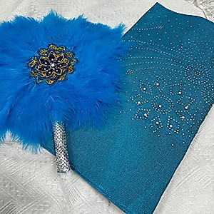 Msbfea Sky Blue Feather Fan with ASO Oke Headtie Matching for Ladies Wedding Party Nigerian Style Fan Design African - ASO Fan Color 238