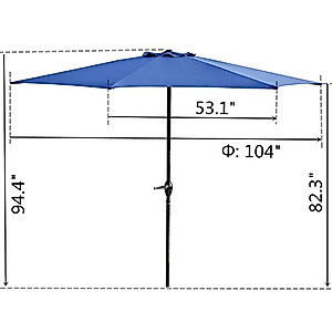 LOKATSE HOME Table Outdoor Market Patio Umbrella, 9 Feet Garden Umbrella with Crank, 6Ribs (Blue)