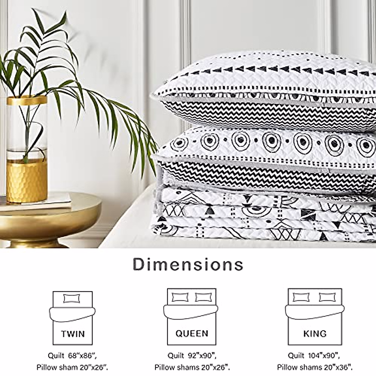 Flysheep 3-Piece Bohemian Geometric King Quilt Set, Aztec White n Black Boho Striped Summer Lightweight Bedspread/Coverlet Set, Brushed Microfiber for All Season - 104" x 90"