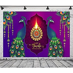 CORFOTO 5x3ft Fabric Happy Diwali Festival Backdrop Diwali Crystals Gold Diya Peacock Background Diwali Decorations Backdrop for Deevali Pooja Indian Wall Banner Happy Diwali Party Decorations Props