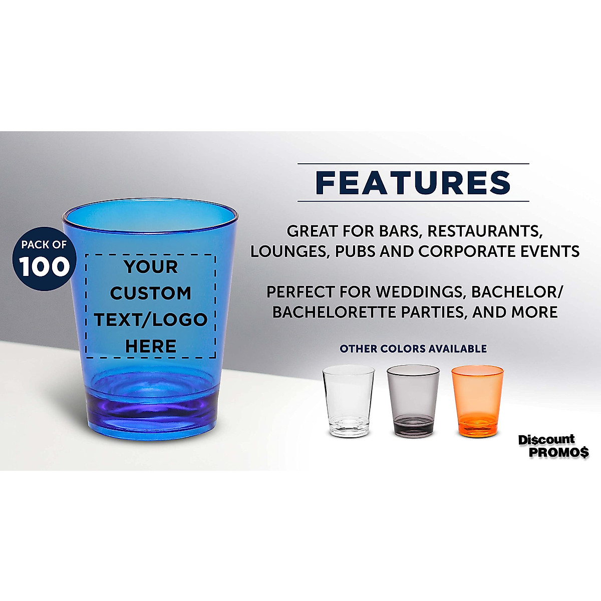 Custom Translucent Plastic Shot Glasses 1.5 oz. Set of 100, Personalized Bulk Pack - Acrylic, Great for Wedding, Party, Birthday, Gifts - Blue