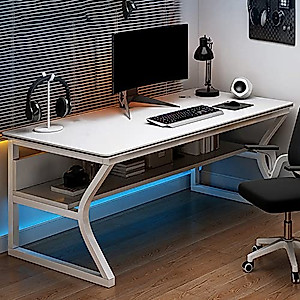 LITFAD Modern Office Desk Simple Computer Desk Wood Top Metal Frame Home Office Study Desk with Storage Shelf - 55.1" L x 23.6" W x 29.5" H White Without Chairs