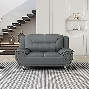 Container Furniture Direct Michael Modern Faux Leather Upholstered Stainless Steel Legs Living Room Loveseat, Gray