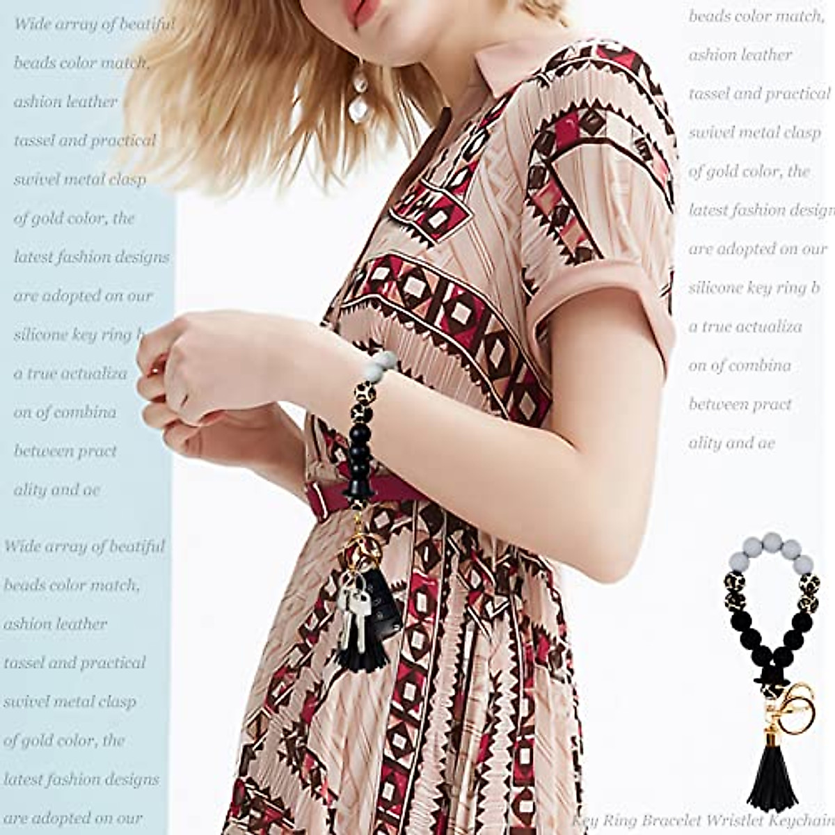 BIHRTC Silicone Key Ring Bracelet Wristlet Beaded Keychain Bracelet Key Chains Elastic Keyring Bangle for Women House Car Key Ring Holder Bangle Chain Leopard Keychain Wristlet