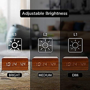 OCT17 Alarm Clock with Qi Wireless Charging Pad Compatible with iPhone Samsung Wood LED Digital Clock Sound Control Function, Time Date, Temperature Display for Bedroom Office Home- Brown
