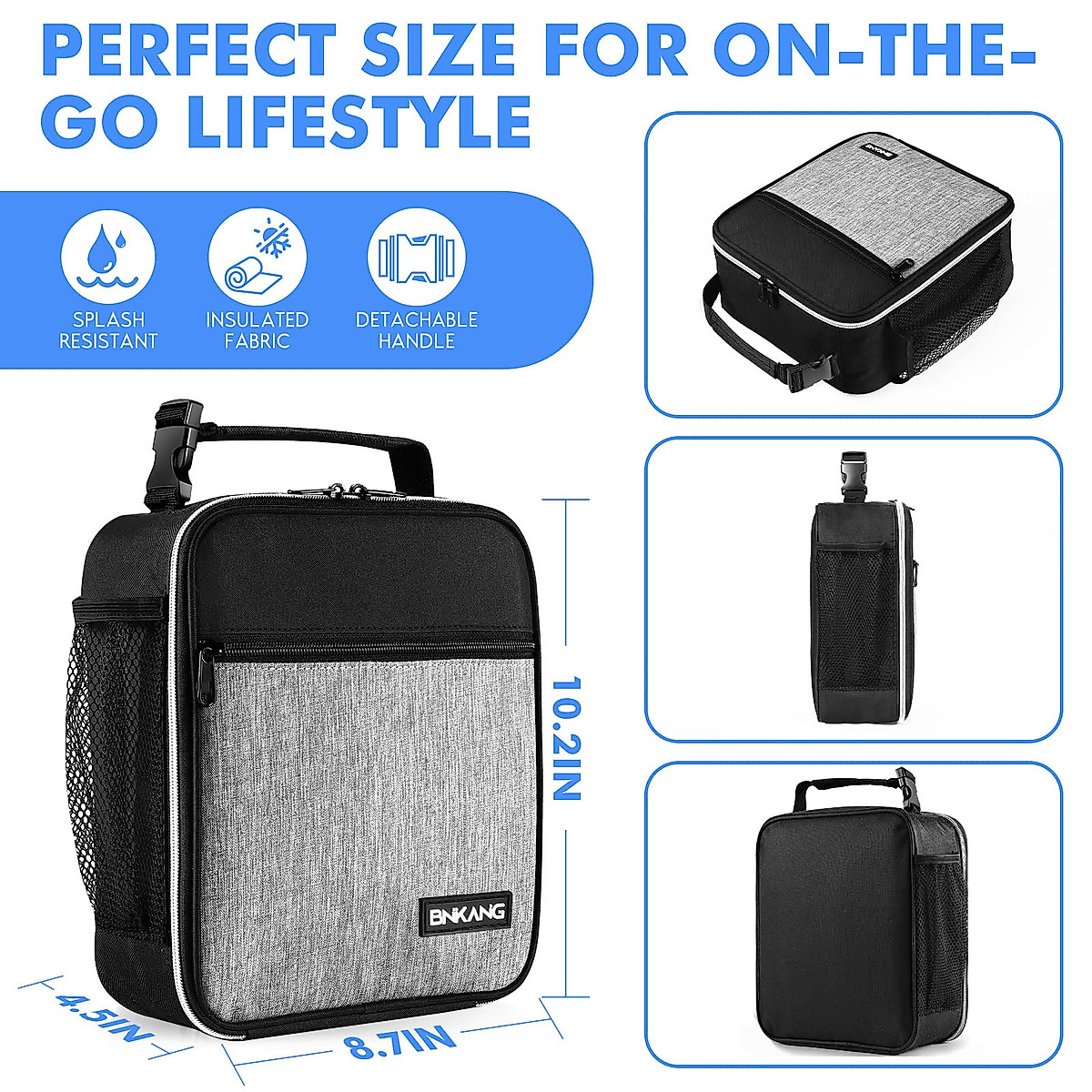 Lunch Box Insulated Lunch Bag - Durable Small Lunch Bag Reusable Adults Tote Bag Lunch Box for Adult Men Women (Black with Gray)