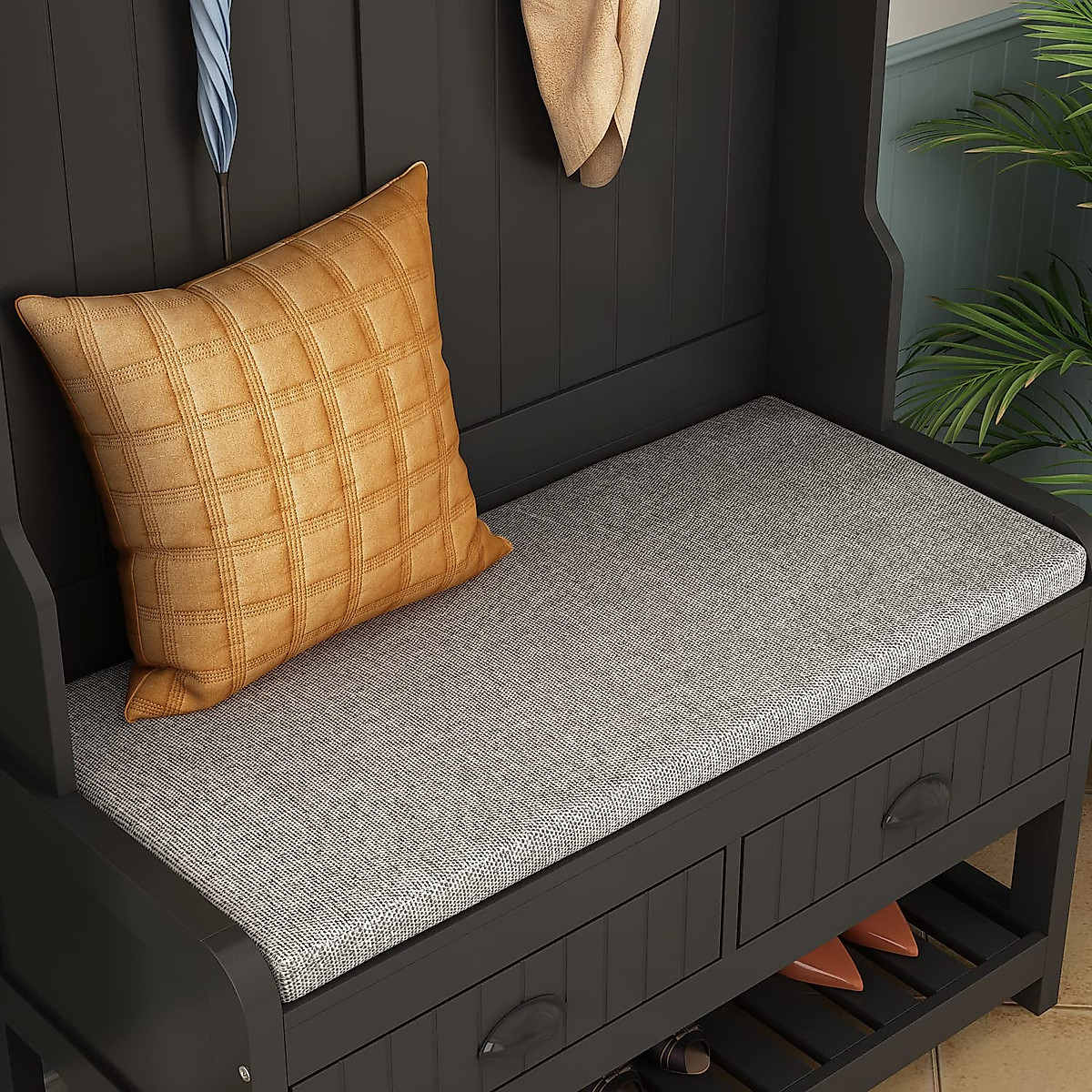 Homsee Modern Hall Tree with Storage Bench, 4-in-1 Entryway Bench with Coat Rack, Tall Hall Tree with 4 Metal Double Hooks, Shelves & 2 Drawers for Hallway, Living Room, Black