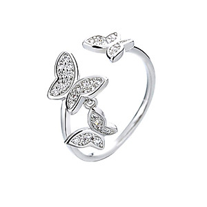 Adjustable Leaf Open Ring Silver Plated Cubic Zirconia Opening Ring Dainty Butterfly Open Band Ring Fashion Style Adjustable Animal Ring Silver Butterfly Ring Double Butterfly Ring Jewelry-Butterfly