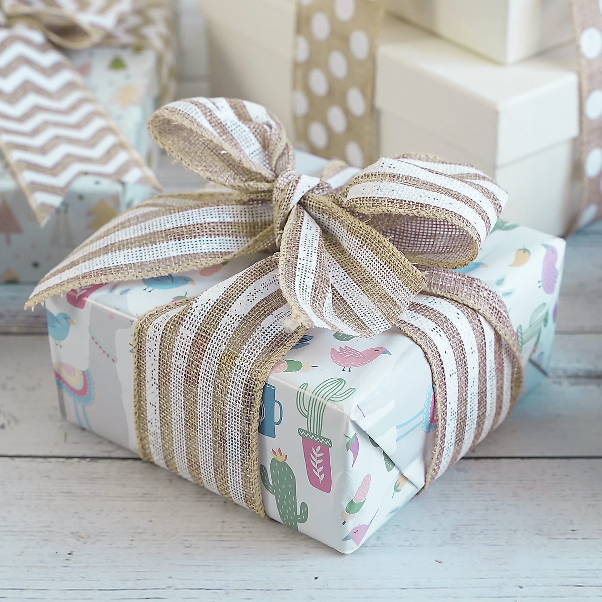 MEEDEE Burlap Wired Ribbon with White Stripe Burlap Ribbon 2.5 Inch Wired Ribbon for Cakes Gift Basket Bow Wreath Ribbon for Rustic Front Door Wreath Baby Shower Beach Farmhouse Decor, 10 Yards